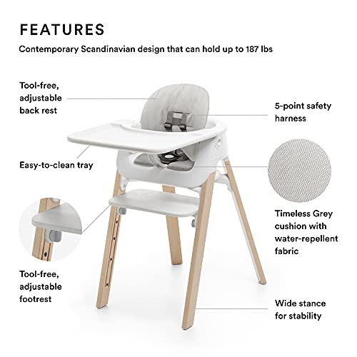 Stokke Steps Complete - Natural Legs, White Seat & Grey Cushion - 5-in-1 Seat System - Includes Baby Set, Tray & Cushion - for Babies 6-36 Months - Chair Holds Up to 187 lbs - Tool Free & Adjustable