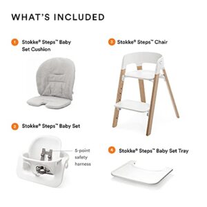 Stokke Steps Complete - Natural Legs, White Seat & Grey Cushion - 5-in-1 Seat System - Includes Baby Set, Tray & Cushion - for Babies 6-36 Months - Chair Holds Up to 187 lbs - Tool Free & Adjustable