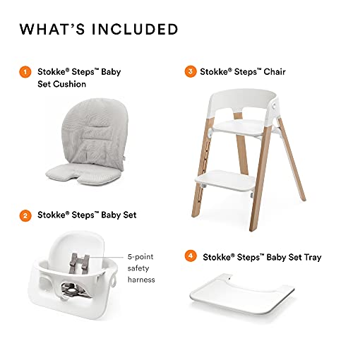 Stokke Steps Complete - Natural Legs, White Seat & Grey Cushion - 5-in-1 Seat System - Includes Baby Set, Tray & Cushion - for Babies 6-36 Months - Chair Holds Up to 187 lbs - Tool Free & Adjustable