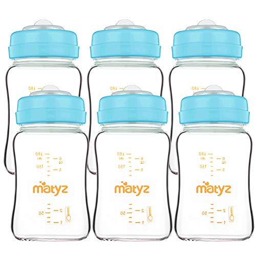 Matyz Glass Breastmilk Storage Bottles, 6 Pack, 6 oz, Compatible with Spectra Medela Breast Pump - Freezer Safe Storage Bottles Set - Wide Mouth Breastmilk Storage Containers - BPA Free (Blue Lids)