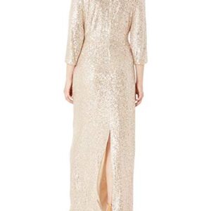 Alex Evenings Women's 3/4 Sleeve Long Dress with Cinched Tie Waist, Taupe Sequin, 8