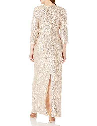 Alex Evenings Women's 3/4 Sleeve Long Dress with Cinched Tie Waist, Taupe Sequin, 8