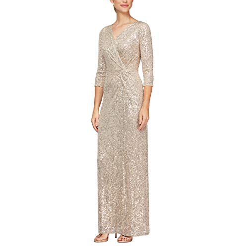 Alex Evenings Women's 3/4 Sleeve Long Dress with Cinched Tie Waist, Taupe Sequin, 8