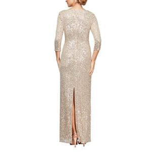 Alex Evenings Women's 3/4 Sleeve Long Dress with Cinched Tie Waist, Taupe Sequin, 8