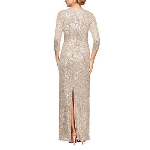 Alex Evenings Women's 3/4 Sleeve Long Dress with Cinched Tie Waist, Taupe Sequin, 8