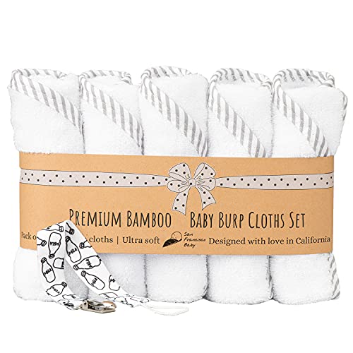 Ultra Soft Burp Cloths Unisex 5 Pack Bamboo and Cotton w/Pacifier Clip - Comfortable Fabric - Extra Absorbent Burping Bib for Spit-Ups and Spills - 19 x 9” Baby Burp Cloths/White and Gray