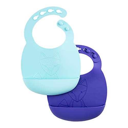 Dr. Brown's Baby Bib with Adjustable Collar and Fox Design, 100% Silicone & Waterproof, Teal/Purple, 2-Pack