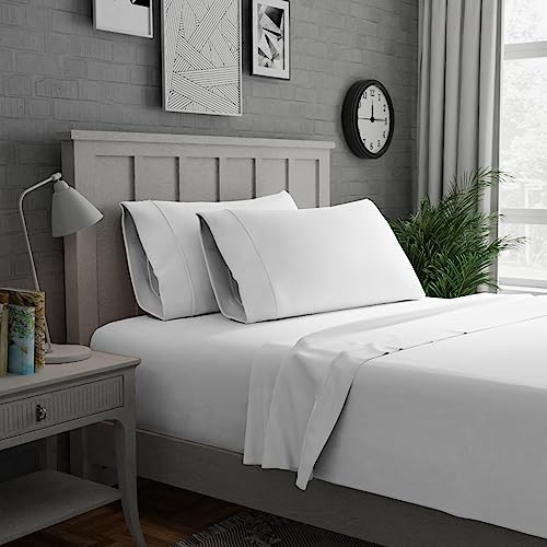 Color Sense 1200 Thread Count White Queen Size Bed Sheet Set, Cotton Rich 4 Piece Bedding Set, Durable & Moisture Wicking, Wrinkle-Resistant, Soft Sateen Sheets with Elasticized Deep Pocket