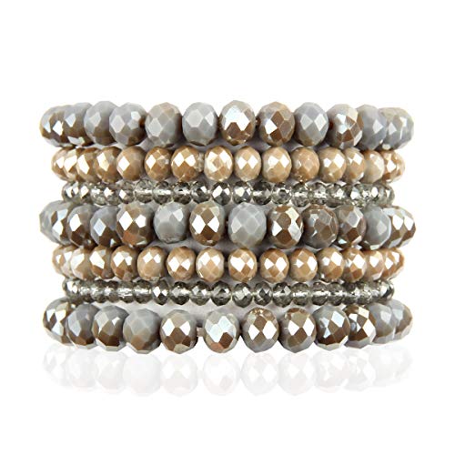 RIAH FASHION Bohemian Multi-Layer Beaded Stacking Statement Bracelets - Versatile Stretch Strand Sparkly Crystal Beads Wrap Slip-on Cuff Bangle Set (7 Layer Sparkly Beads - Gray)