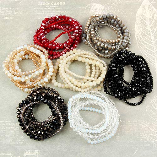 RIAH FASHION Bohemian Multi-Layer Beaded Stacking Statement Bracelets - Versatile Stretch Strand Sparkly Crystal Beads Wrap Slip-on Cuff Bangle Set (7 Layer Sparkly Beads - Gray)