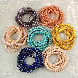 RIAH FASHION Bohemian Multi-Layer Beaded Stacking Statement Bracelets - Versatile Stretch Strand Sparkly Crystal Beads Wrap Slip-on Cuff Bangle Set (7 Layer Sparkly Beads - Gray)