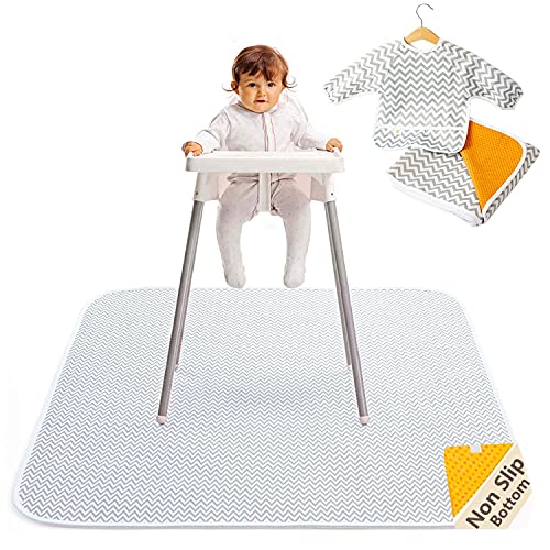 2-in-1 Waterproof Baby Splat Mat for Under High Chair (51” x 51”) with Toddler Smock and Weaning Ebook - Large Non-Slip Infant High Chair Mat Food Catcher Protects Floor from Mealtime Messes