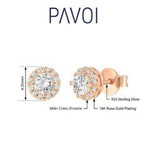 PAVOI 14K Gold Plated Sterling Silver Post Round Halo Cubic Zirconia Stud Earrings in Rose Gold