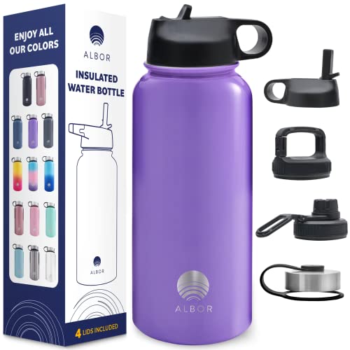 ALBOR Insulated Water Bottle with Straw, 32 Oz - 100% Leak-Proof with 4 Lids (2 Straw Lids) - Triple Insulated Stainless Steel Water Bottles, Reusable Water Bottle, Lilac