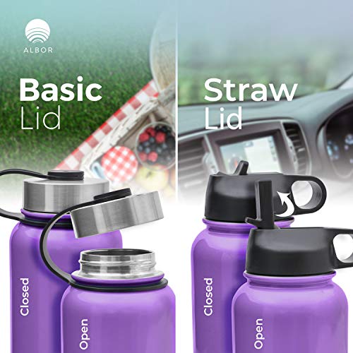 ALBOR Insulated Water Bottle with Straw, 32 Oz - 100% Leak-Proof with 4 Lids (2 Straw Lids) - Triple Insulated Stainless Steel Water Bottles, Reusable Water Bottle, Lilac