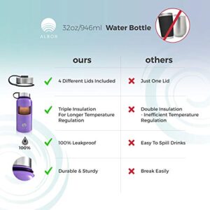 ALBOR Insulated Water Bottle with Straw, 32 Oz - 100% Leak-Proof with 4 Lids (2 Straw Lids) - Triple Insulated Stainless Steel Water Bottles, Reusable Water Bottle, Lilac