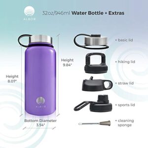 ALBOR Insulated Water Bottle with Straw, 32 Oz - 100% Leak-Proof with 4 Lids (2 Straw Lids) - Triple Insulated Stainless Steel Water Bottles, Reusable Water Bottle, Lilac