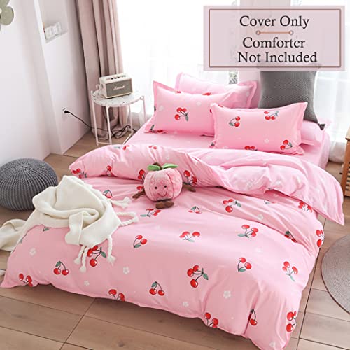 LAMEJOR Duvet Cover Set Queen Size Red Cherry/Floral Pattern Reversible Luxury Soft Bedding Set Comforter Cover (1 Duvet Cover+2 Pillowcases) Pink