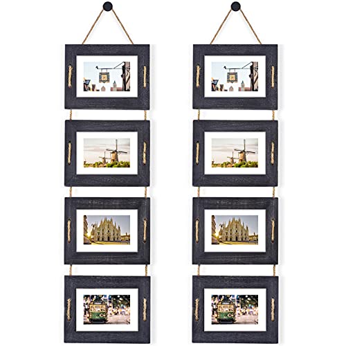 DLQuarts 5x7 Hanging Picture Frames Collage Wall Decor, 4-Frame Set, 3.5x5 with Mat or 5x7 Without Mat, Rustic Solid Wood Photo Frame Pack of 2 Weathered Black