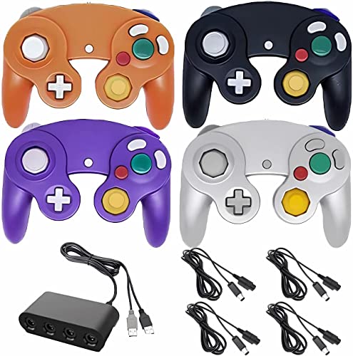 4 Controllers for Gamecube，with 4 Extension Cables and 4-Port USB Adapter for Switch PC Wii U Console (BPOS)