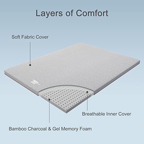 BedStory 2 Inch Memory Foam Mattress Topper Queen, Gel & Bamboo Charcoal Infused Bed Toppers, Foam Mattress Pad with Breathable Removable Cover, High-Density Memory Foam