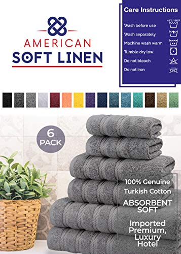 American Soft Linen 100% Turkish Carde Cotton 6 Piece Towel Set, 560 GSM Towels for Bathroom, Super Soft 2 Bath Towels 2 Hand Towels 2 Washcloths, Silver Grey