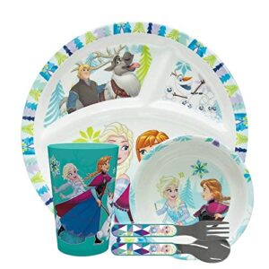 zak designs disney frozen kids dinnerware 5 piece set includes plate, bowl, tumbler and utensil tableware, non-bpa made of durable material and perfect for kids