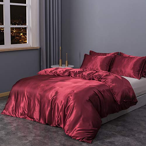 Sleepymoon Duvet Cover Set Silk Like Twin Full Queen King (Red, King) (Only Duvet Cover+ Pillow Sham. Comforter or Duvet Not Included)