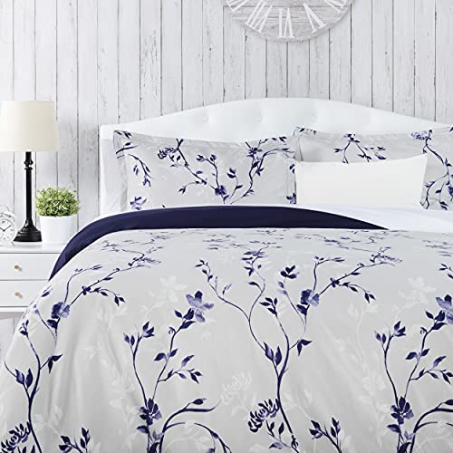 Chanasya Floral Duvet Cover Set - Duvet Cover (68” x 90”) & 1 Pillow Sham (20” x 26”) - 2-Piece Set, Twin Size, Purple Navy