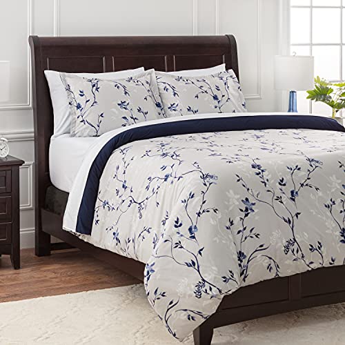 Chanasya Floral Duvet Cover Set - Duvet Cover (68” x 90”) & 1 Pillow Sham (20” x 26”) - 2-Piece Set, Twin Size, Purple Navy