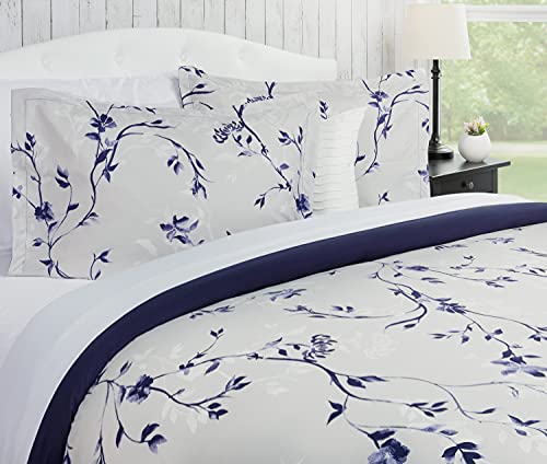 Chanasya Floral Duvet Cover Set - Duvet Cover (68” x 90”) & 1 Pillow Sham (20” x 26”) - 2-Piece Set, Twin Size, Purple Navy