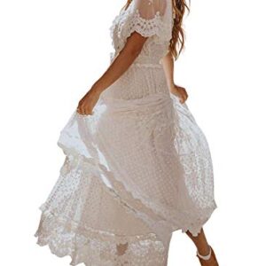 Bdcoco Women's V Neck Button Down Floral Lace Maxi Dress Casual Short Sleeve Boho Flowy Dresses White