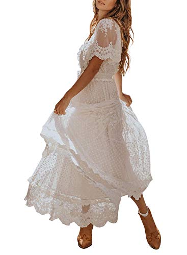 Bdcoco Women's V Neck Button Down Floral Lace Maxi Dress Casual Short Sleeve Boho Flowy Dresses White