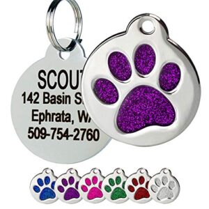 gotags paw print round stainless steel pet tag for dogs and cats, personalized with 4 lines of custom engraved id, in solid stainless steel and 5 enameled colors: blue, green, pink, purple and red