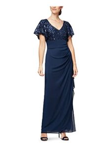 alex evenings women's stretch sequin bodice empire waist long dress, navy flutter sleeve, 16