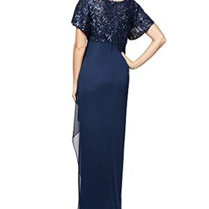 Alex Evenings Women's Stretch Sequin Bodice Empire Waist Long Dress, Navy Flutter Sleeve, 16