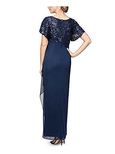 Alex Evenings Women's Stretch Sequin Bodice Empire Waist Long Dress, Navy Flutter Sleeve, 16