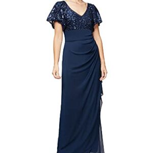 Alex Evenings Women's Stretch Sequin Bodice Empire Waist Long Dress, Navy Flutter Sleeve, 16