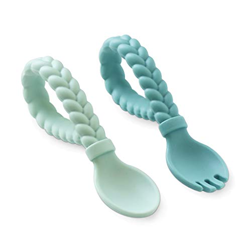 Itzy Ritzy Silicone Spoon & Fork Set; Baby Utensil Set Features A Fork and Spoon with Looped, Braided Handles; Made of 100% Food Grade Silicone & BPA-Free; Ages 6 Months and Up, Mint