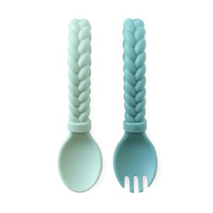 Itzy Ritzy Silicone Spoon & Fork Set; Baby Utensil Set Features A Fork and Spoon with Looped, Braided Handles; Made of 100% Food Grade Silicone & BPA-Free; Ages 6 Months and Up, Mint