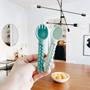 Itzy Ritzy Silicone Spoon & Fork Set; Baby Utensil Set Features A Fork and Spoon with Looped, Braided Handles; Made of 100% Food Grade Silicone & BPA-Free; Ages 6 Months and Up, Mint