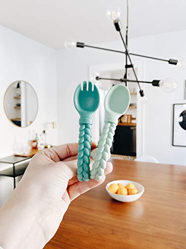 Itzy Ritzy Silicone Spoon & Fork Set; Baby Utensil Set Features A Fork and Spoon with Looped, Braided Handles; Made of 100% Food Grade Silicone & BPA-Free; Ages 6 Months and Up, Mint