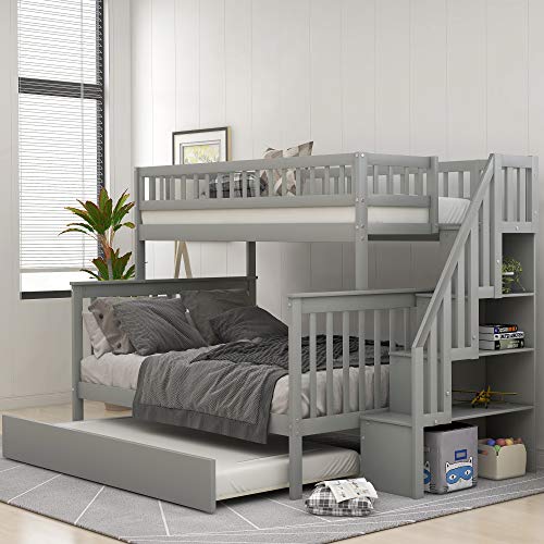 Merax Twin-Over-Full Stairway Bunk Bed with Shelves and Ladder (Grey, Twin Over Full with Trundle)