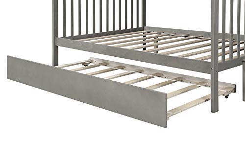 Merax Twin-Over-Full Stairway Bunk Bed with Shelves and Ladder (Grey, Twin Over Full with Trundle)