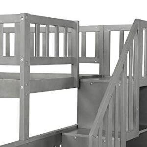 Merax Twin-Over-Full Stairway Bunk Bed with Shelves and Ladder (Grey, Twin Over Full with Trundle)