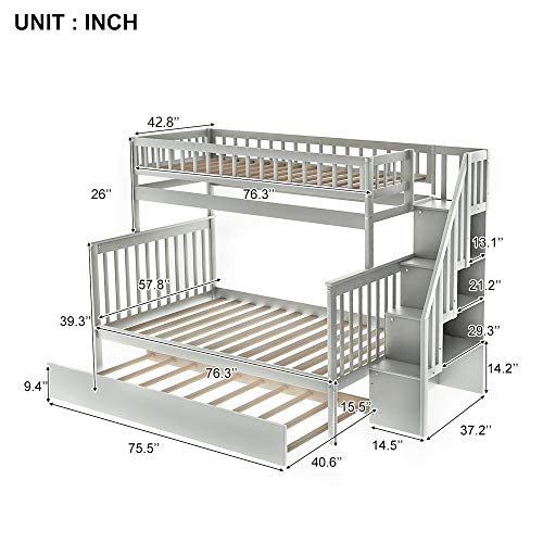 Merax Twin-Over-Full Stairway Bunk Bed with Shelves and Ladder (Grey, Twin Over Full with Trundle)