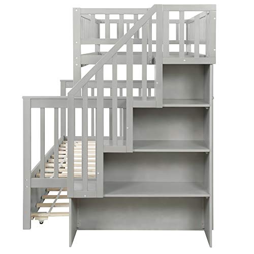 Merax Twin-Over-Full Stairway Bunk Bed with Shelves and Ladder (Grey, Twin Over Full with Trundle)