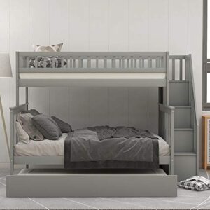 Merax Twin-Over-Full Stairway Bunk Bed with Shelves and Ladder (Grey, Twin Over Full with Trundle)