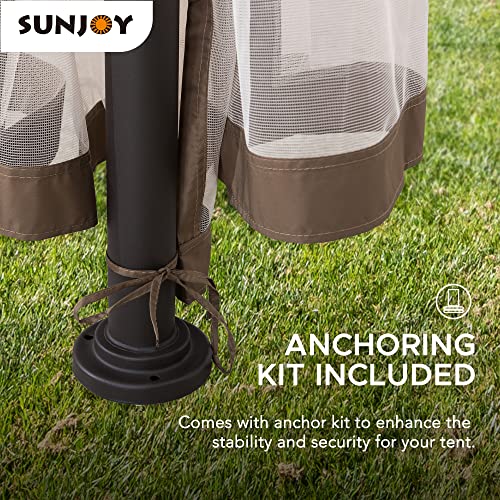 Sunjoy 9.5 ft. x 9.5 ft. Gazebo with 2-Tier Canopy Roof, Steel Frame Soft top Gazebo with Ceiling Hook and Mosquito Netting, Tan and Brown