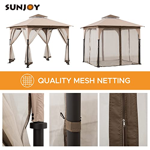 Sunjoy 9.5 ft. x 9.5 ft. Gazebo with 2-Tier Canopy Roof, Steel Frame Soft top Gazebo with Ceiling Hook and Mosquito Netting, Tan and Brown